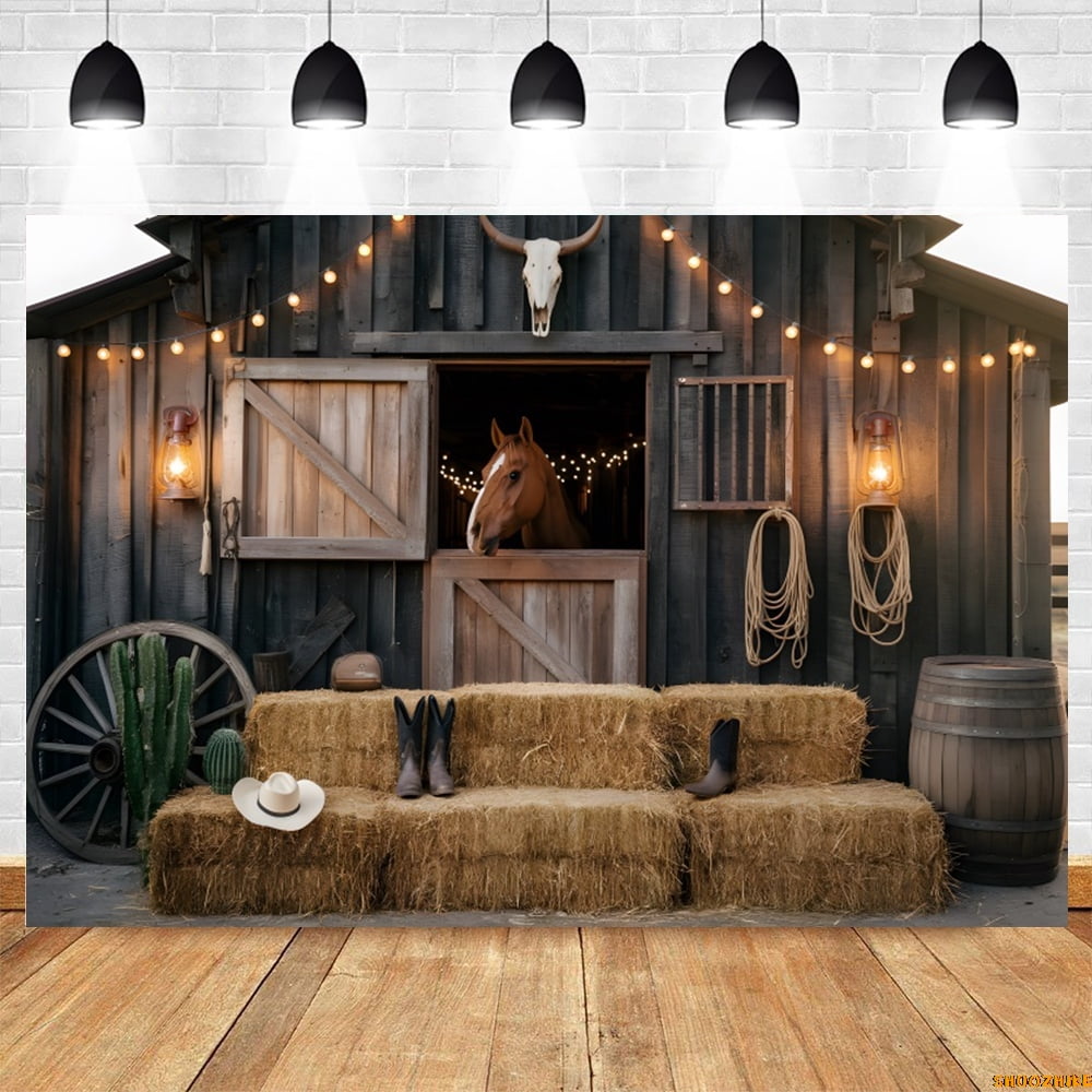 Western Cowboy Stable Horse Backdrop Haystack Baby Shower Kids Birthday ...