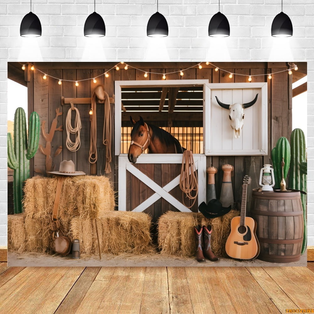 Western Cowboy Stable Horse Backdrop Haystack Baby Shower Kids Birthday ...