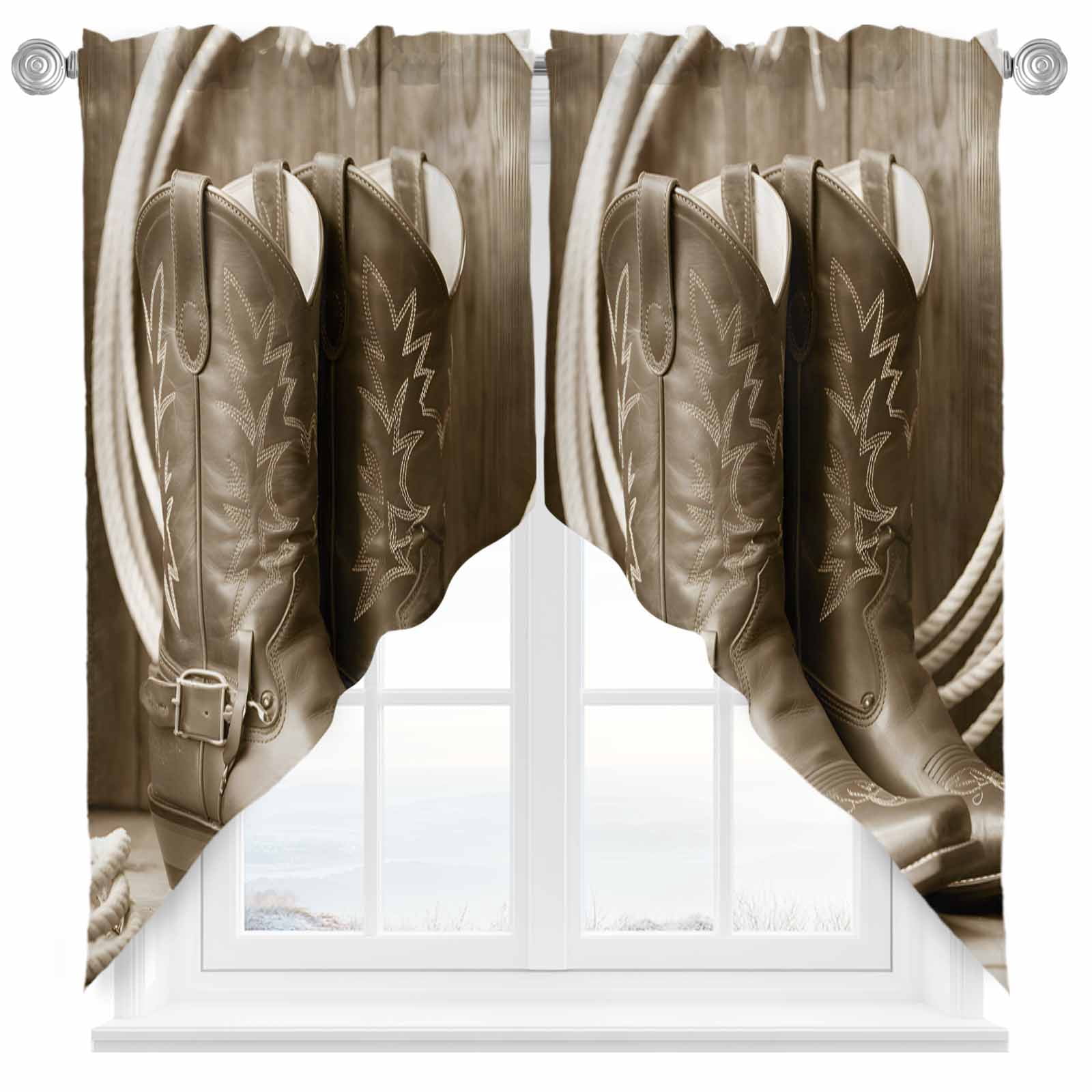 Western Cowboy Swag Curtains Countryside Boots Retro Ropes Wooden ...