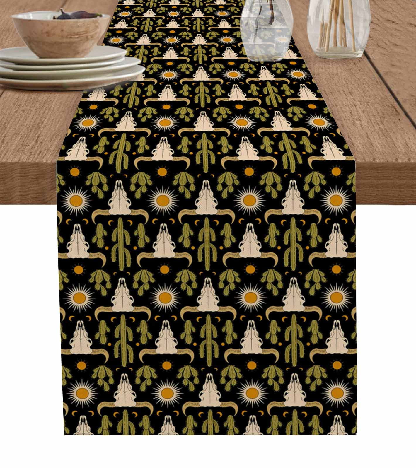 Western Cowboy Table Runner 108 Inches, Boho Ethnic Cow Head Cactus ...
