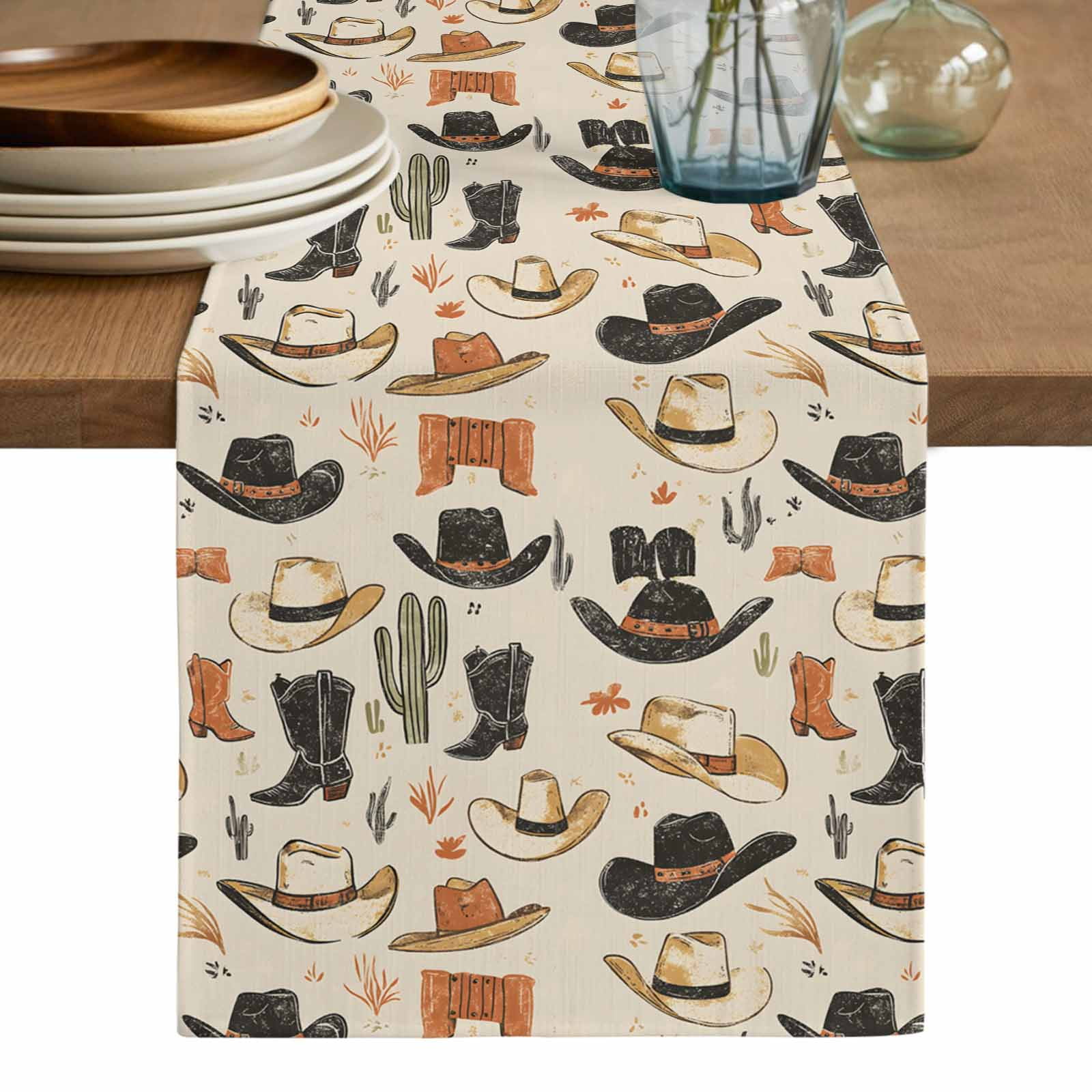 Western Cowboy Table Runner, Country Vintage Art Boots Desert Washable ...