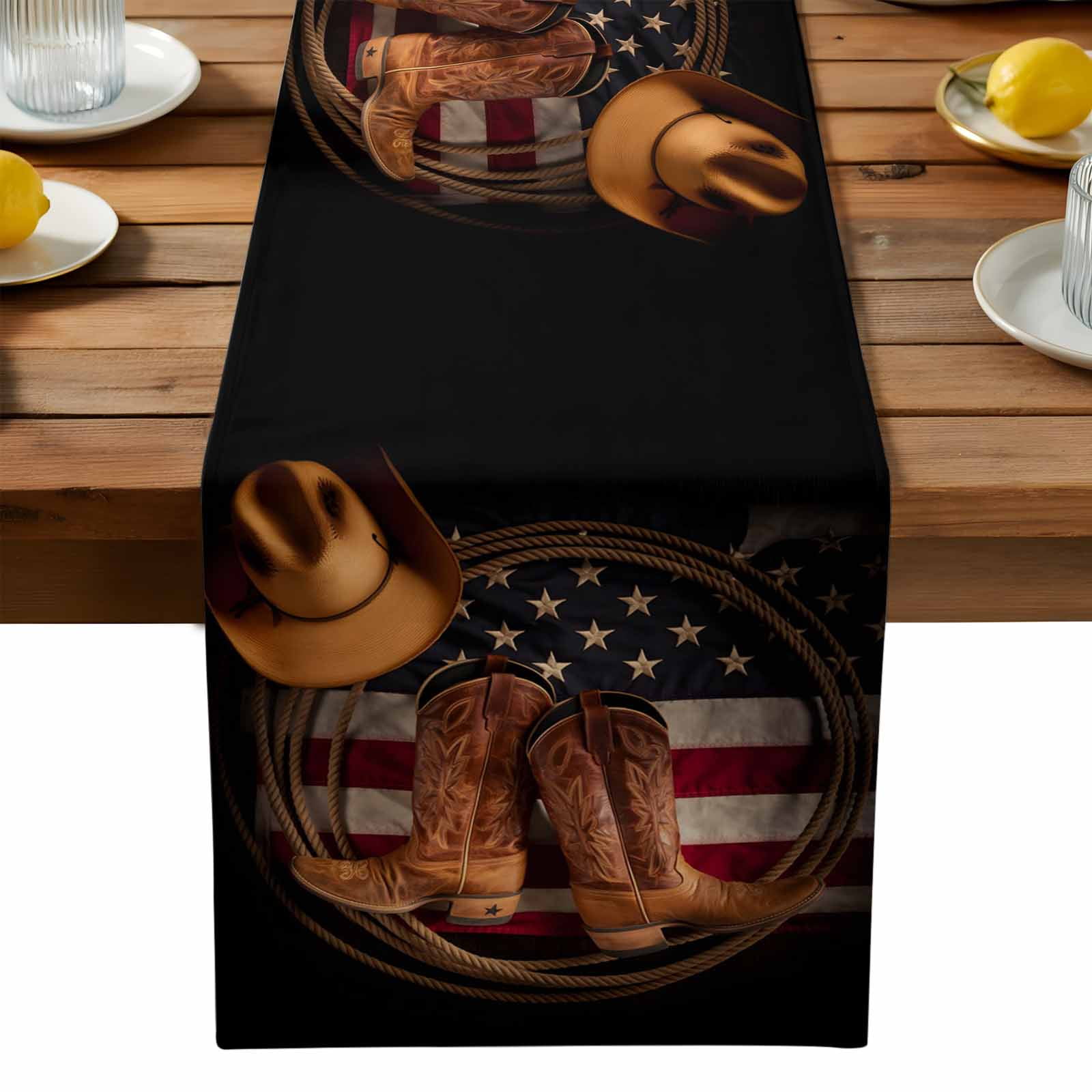 Western Cowboy Table Runner, Vintage Brown Cowboy Hat Boots Red Blue ...