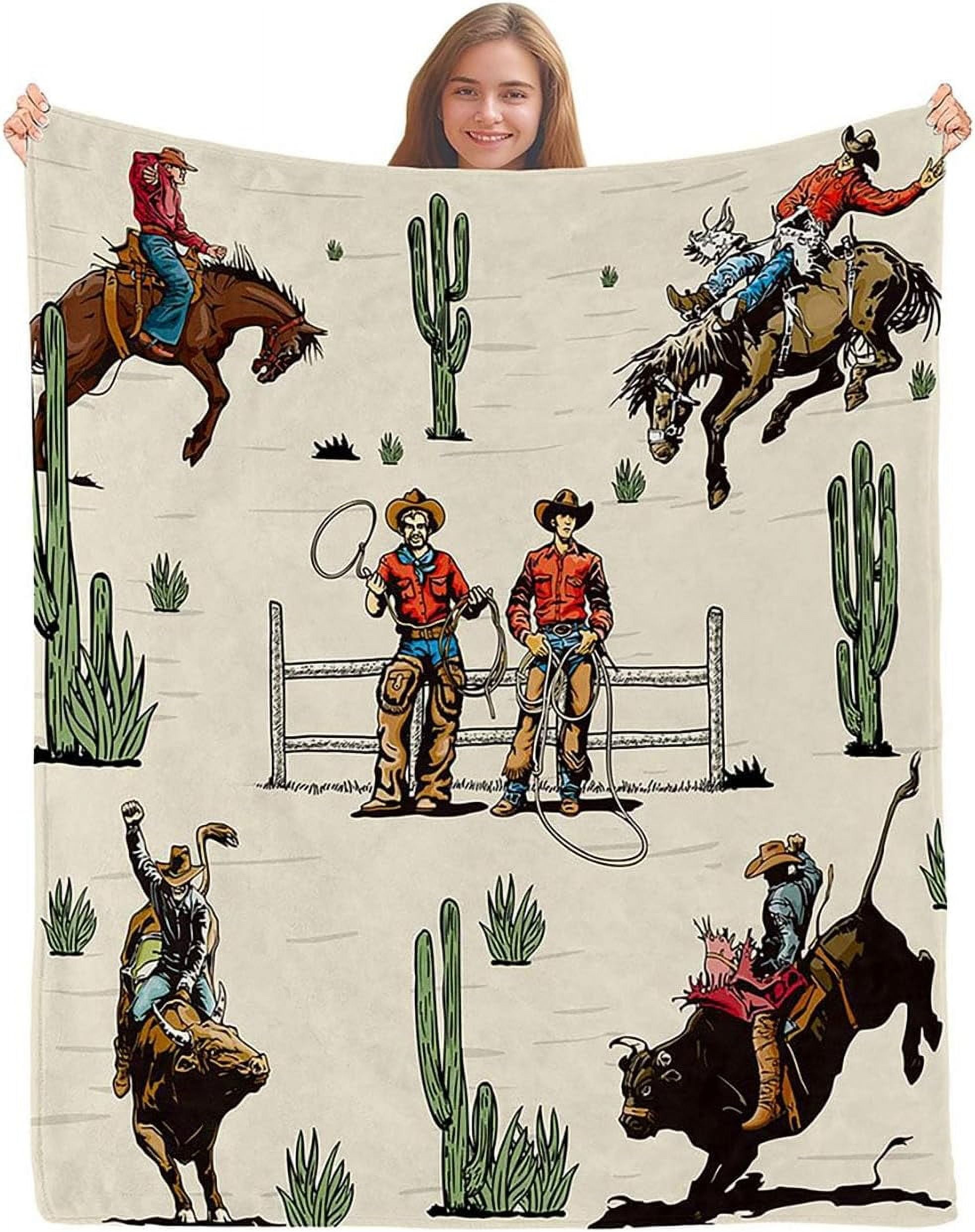 Western Cowboy Throw Blanket, Beige Blanket, Rodeo Horse Bull Cactus ...