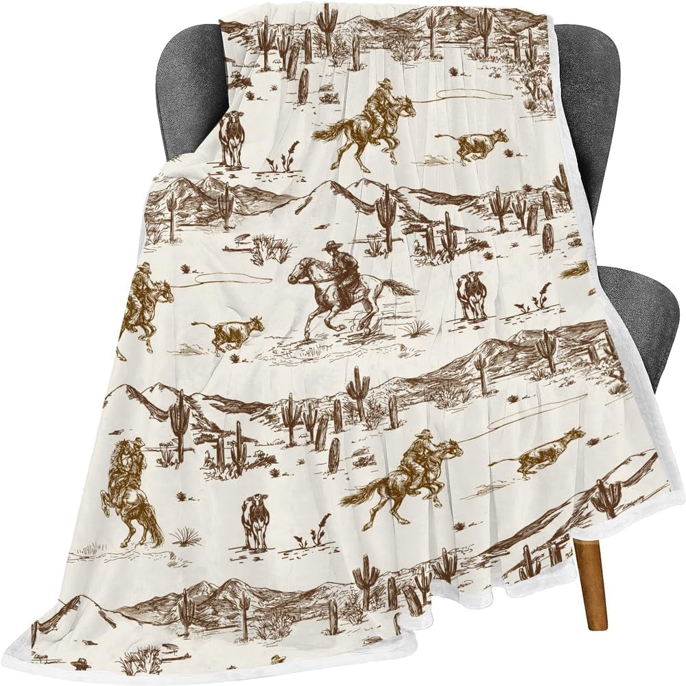 Western Cowboy Throw Blankets, Vintage Wild West Flannel Warm Soft Cozy ...