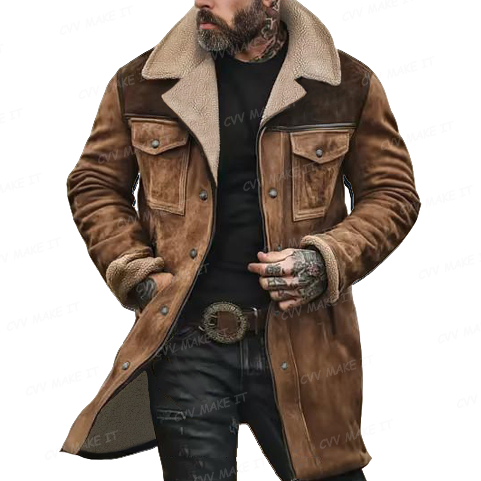 Western Cowboy Vintage Suede Jacket for Men Cowboy Winter Warm Long ...
