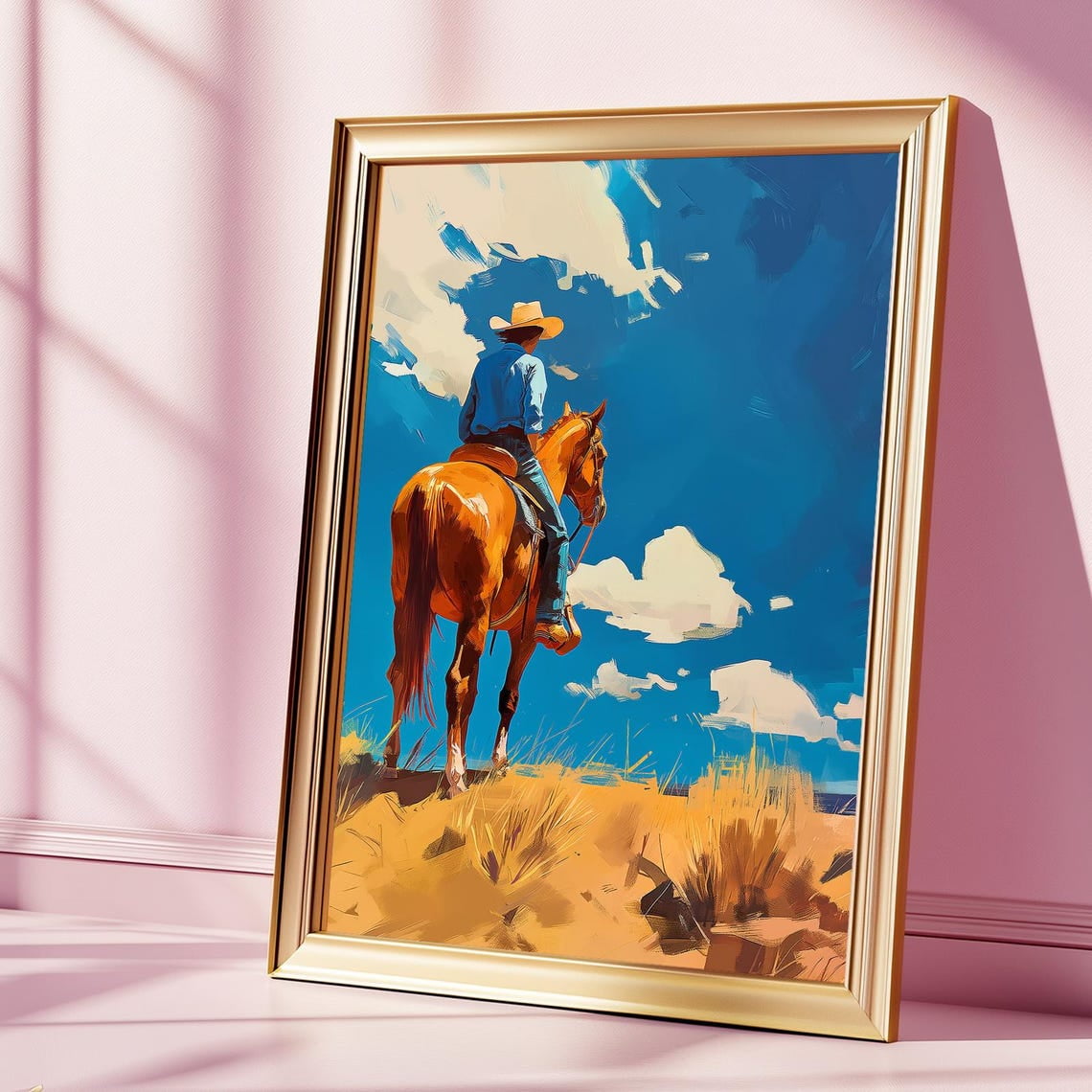 Western Cowboy Wall Art Print, Digital Painting Of Cowboy On Horse ...