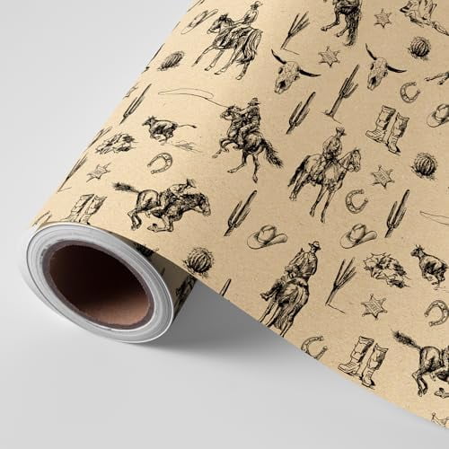 Western Cowboy Wrapping Paper -Mini Roll- 17 Inch x 32.8Ft Black Kraft ...