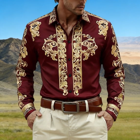 Western Cowboys Dress Shirts for Men Long Sleeve Button Lapel Top ...