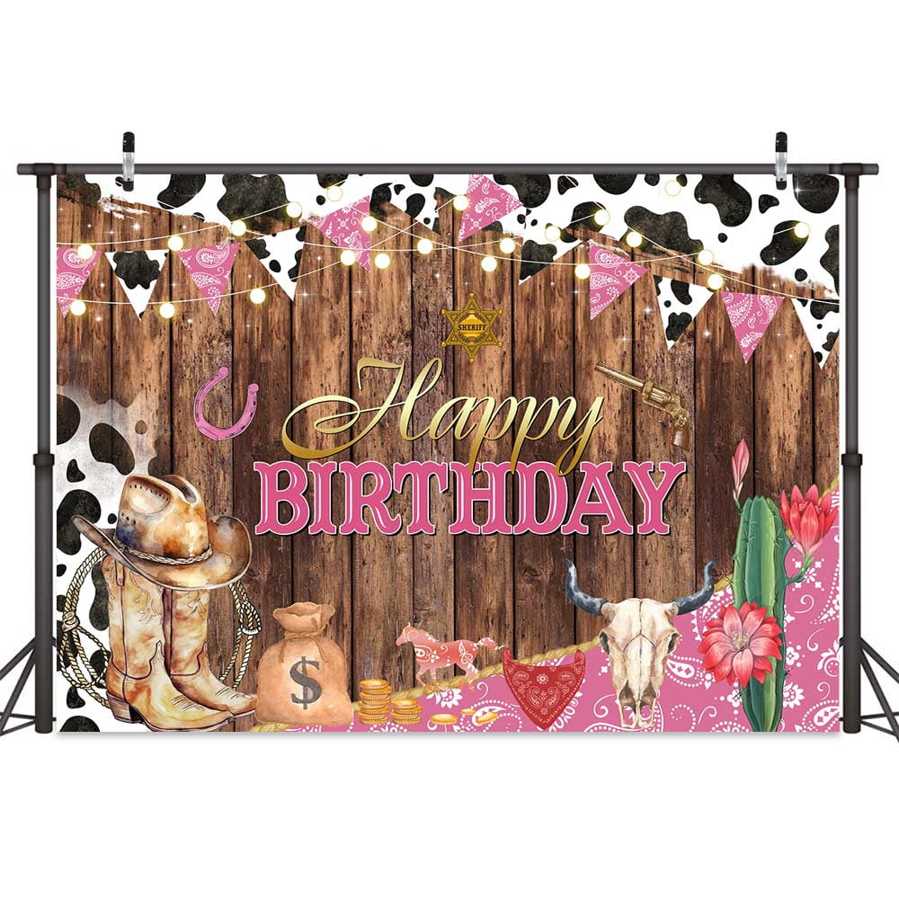 Western Cowgirl Backdrop Girl Wild West Pink Birthday Decor Rustic Wood ...