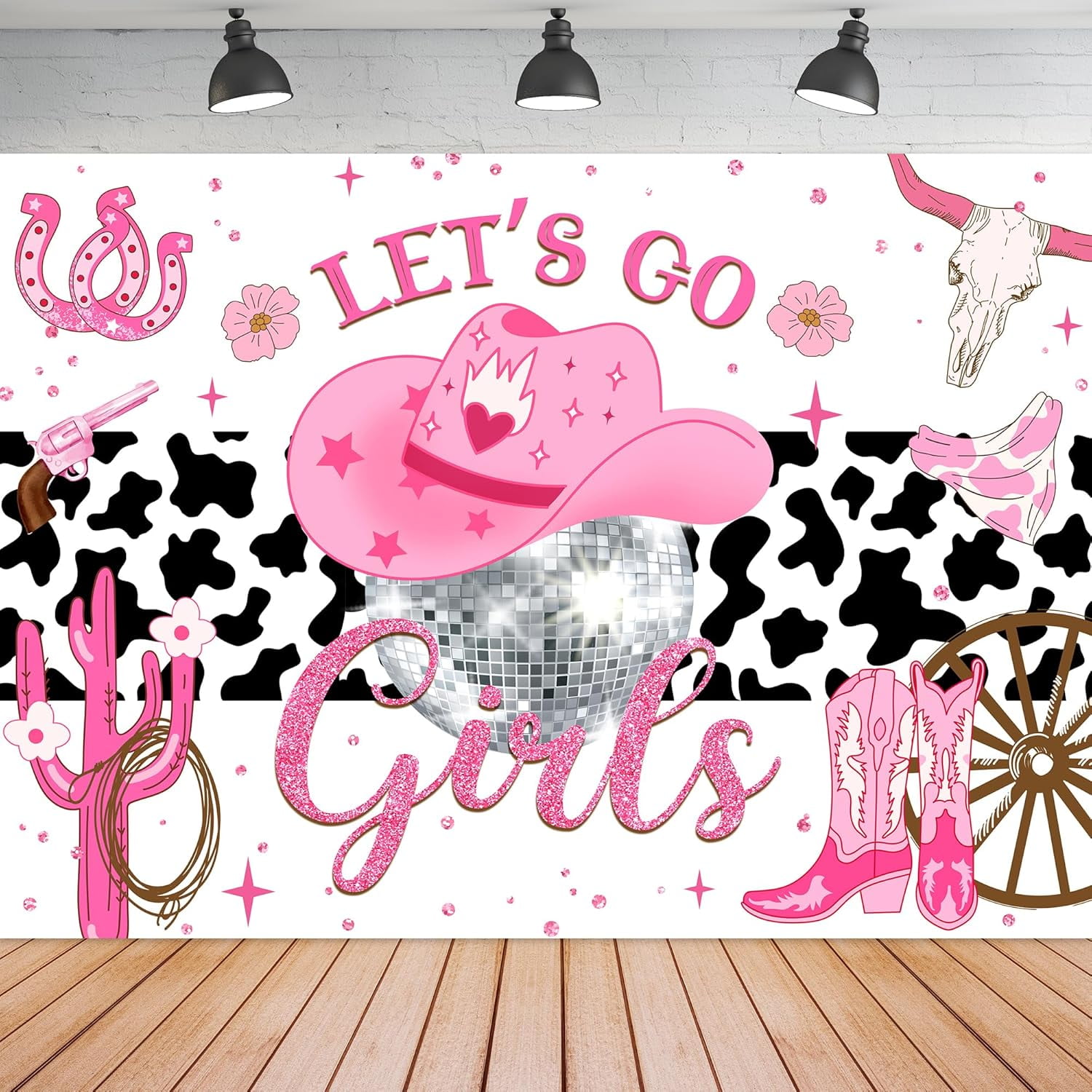 Western Cowgirl Backdrop Pink Disco Birthday Let's Go Rustic Cow Print ...