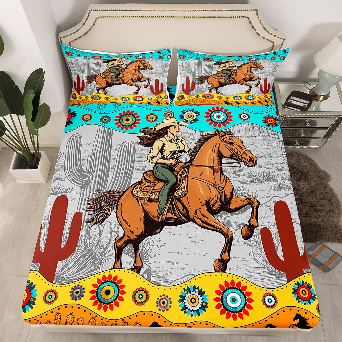 Western Cowgirl Bed Sheets Queen Size Rustic Farmhouse Fitted Sheet ...