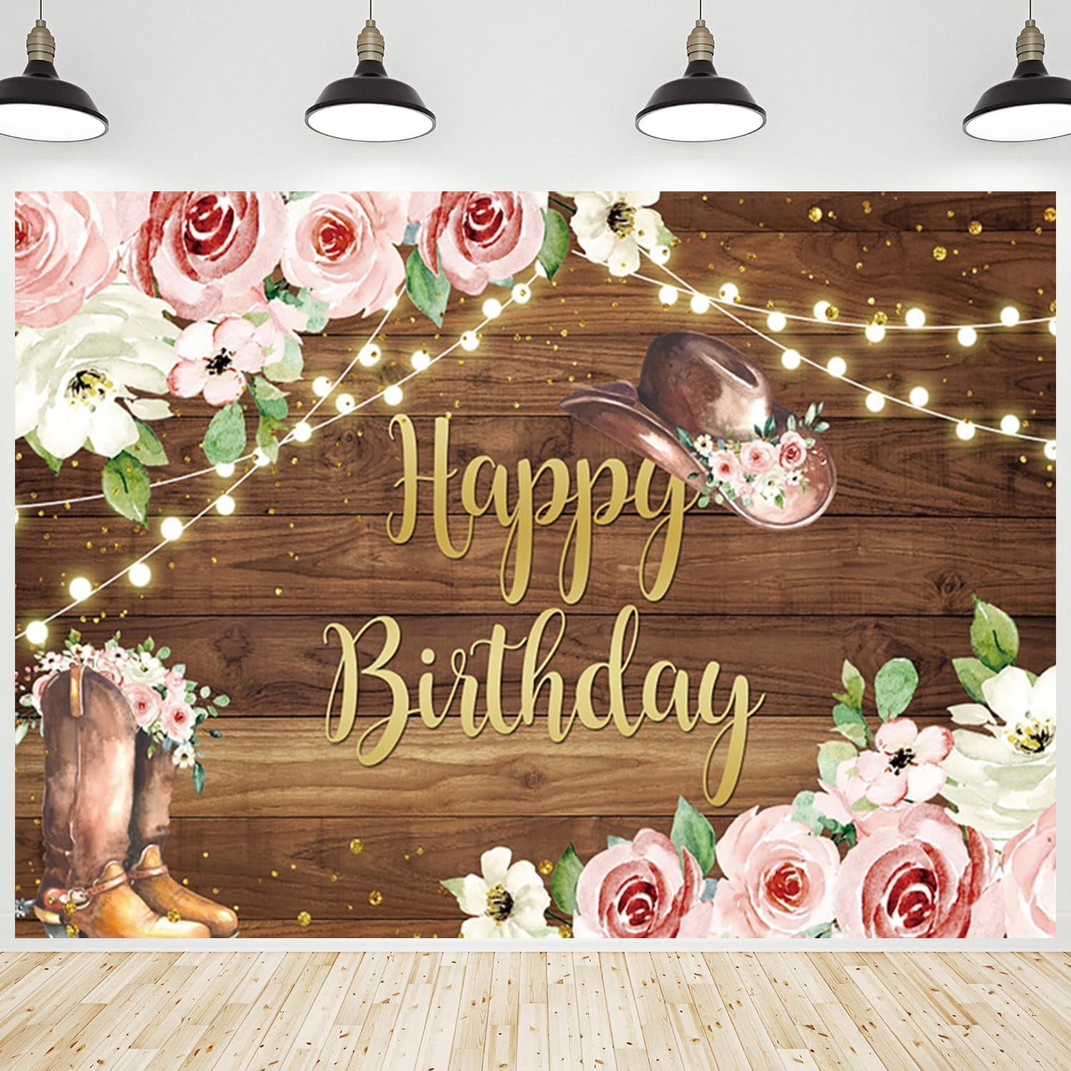 Western Cowgirl Birthday Backdrop Rustic Country Wooden Pink Flower ...