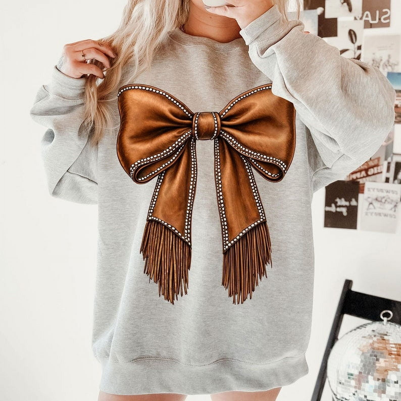 Western Cowgirl Bow Sweatshirt, Cowhide Bow Design, Howdy Brown Leather ...