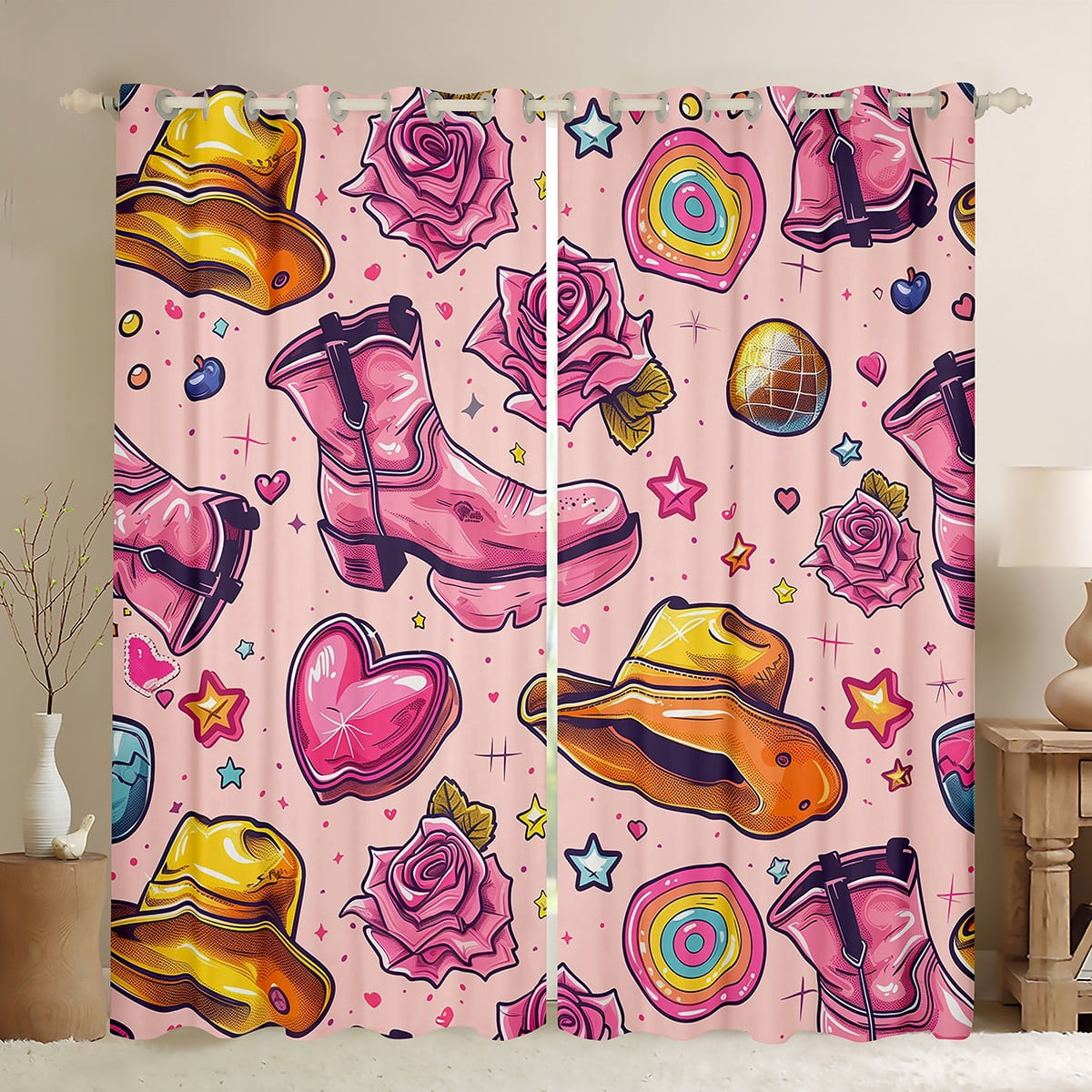 Western Cowgirl Curtains,Pink Cowgirl Boots Hat Curtains 30%-50% ...