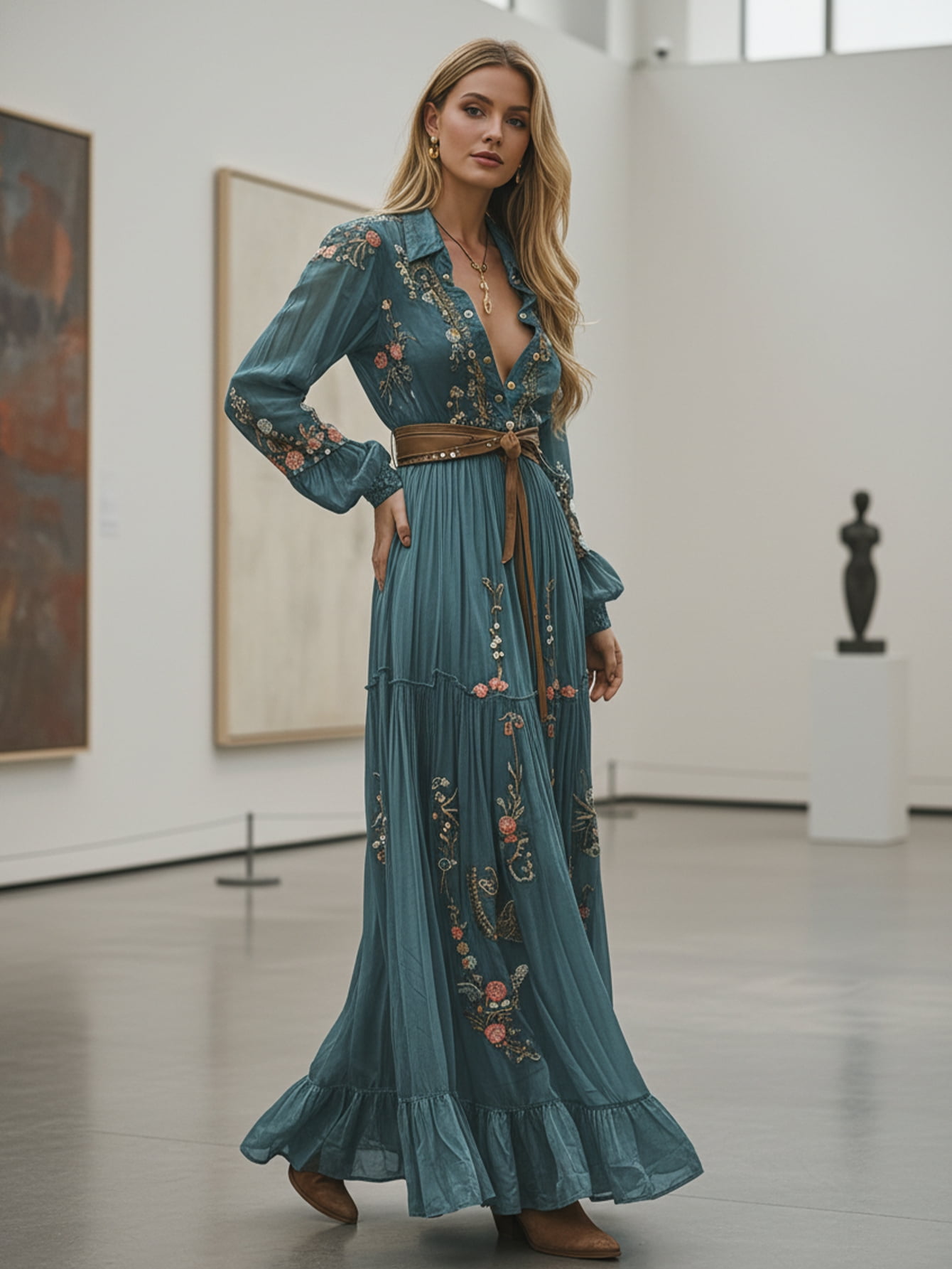 Western Cowgirl Dress for Women with Lace & Embroidery,Deep V-Neck Boho ...