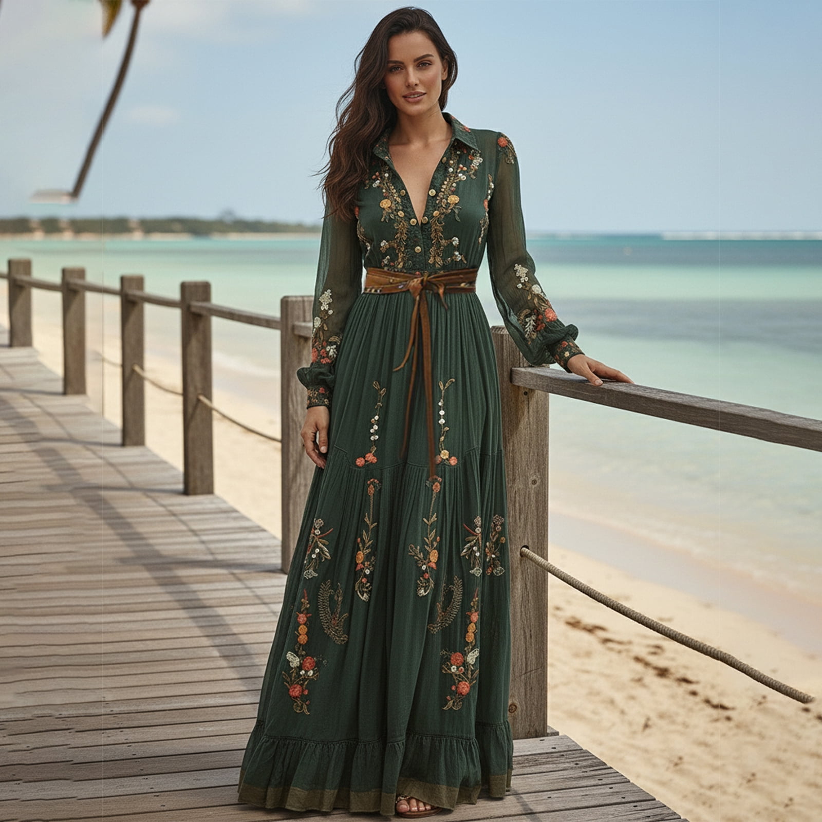 Western Cowgirl Dress for Women with Lace & Embroidery,Deep V-Neck Boho ...