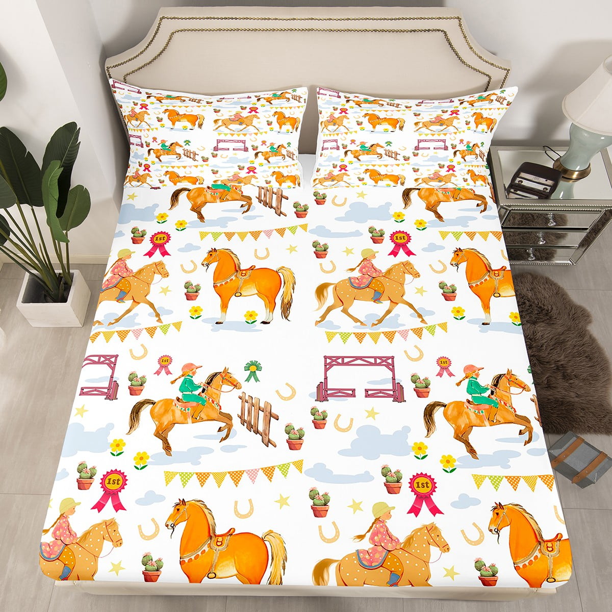 Western Cowgirl Full Fitted Sheet,Cute Horse Riding Bed Sheets 3-Piece ...