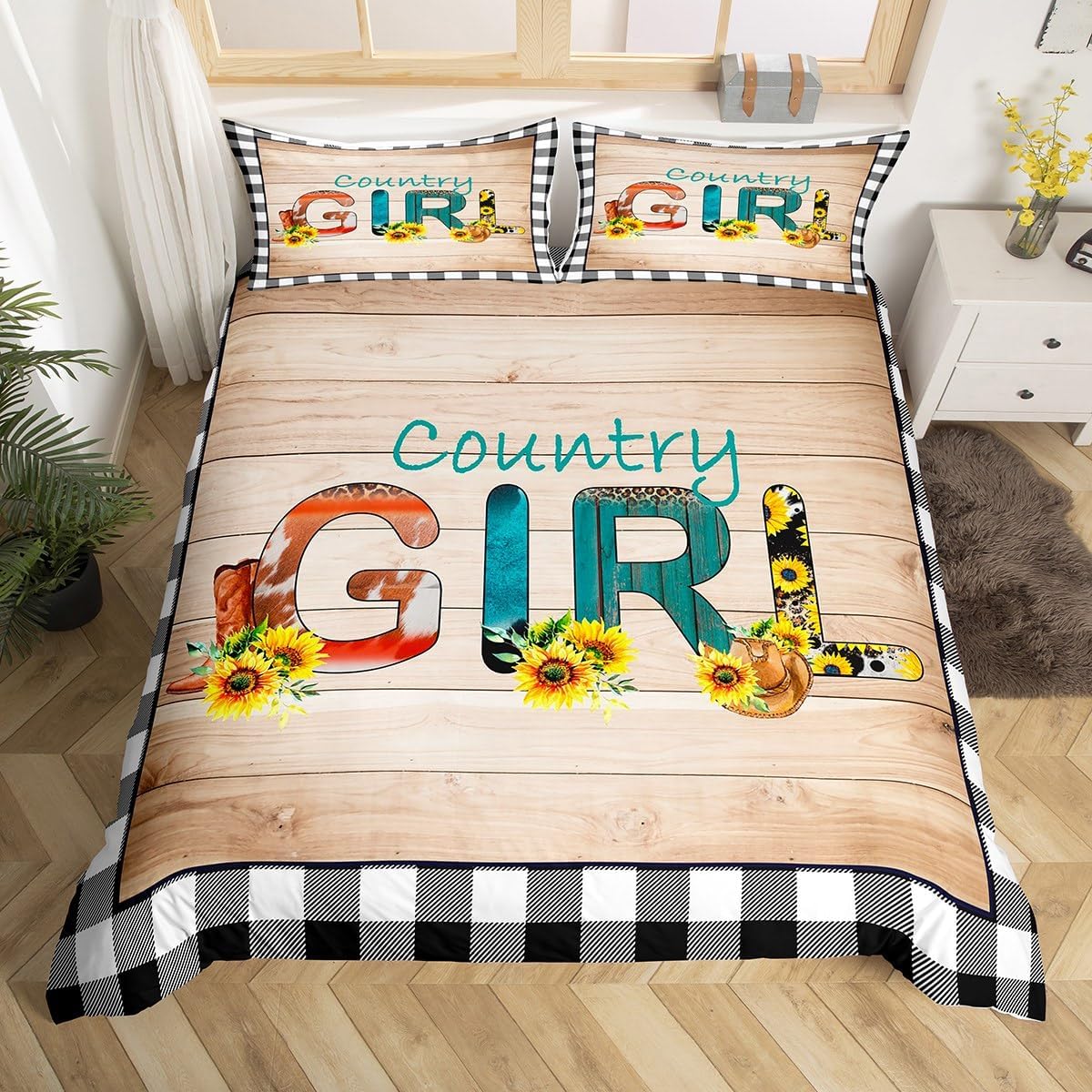 Western Cowgirl Kids Duvet Cover Set ,Leopard Cow Fur Sunflowers ...