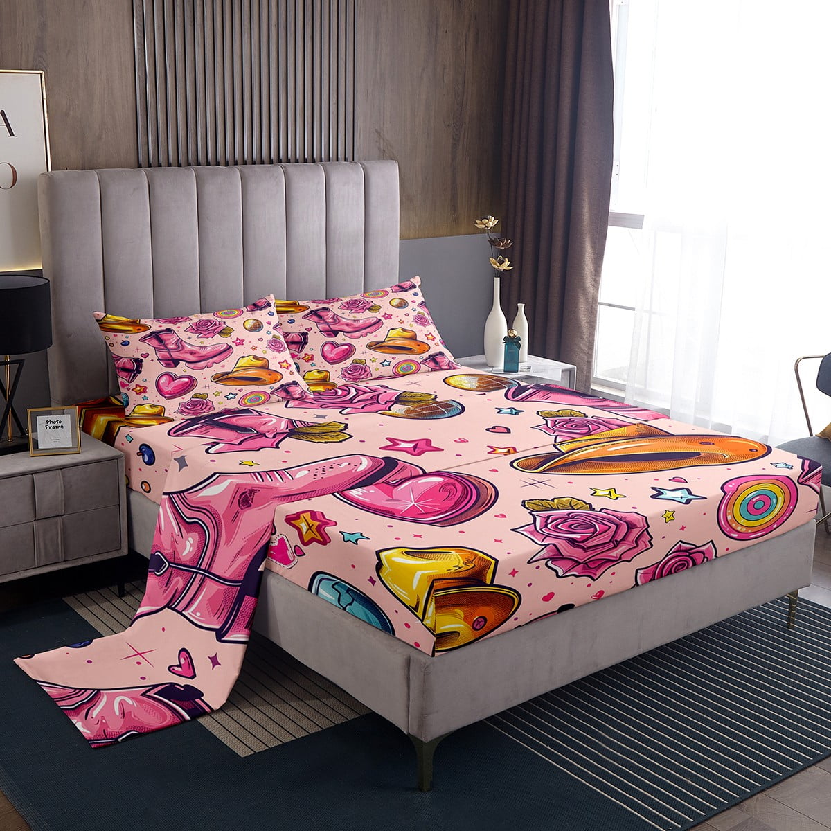 Western Cowgirl King Bed Sheets Set,Pink Cowgirl Boots Hat Bedding Set ...