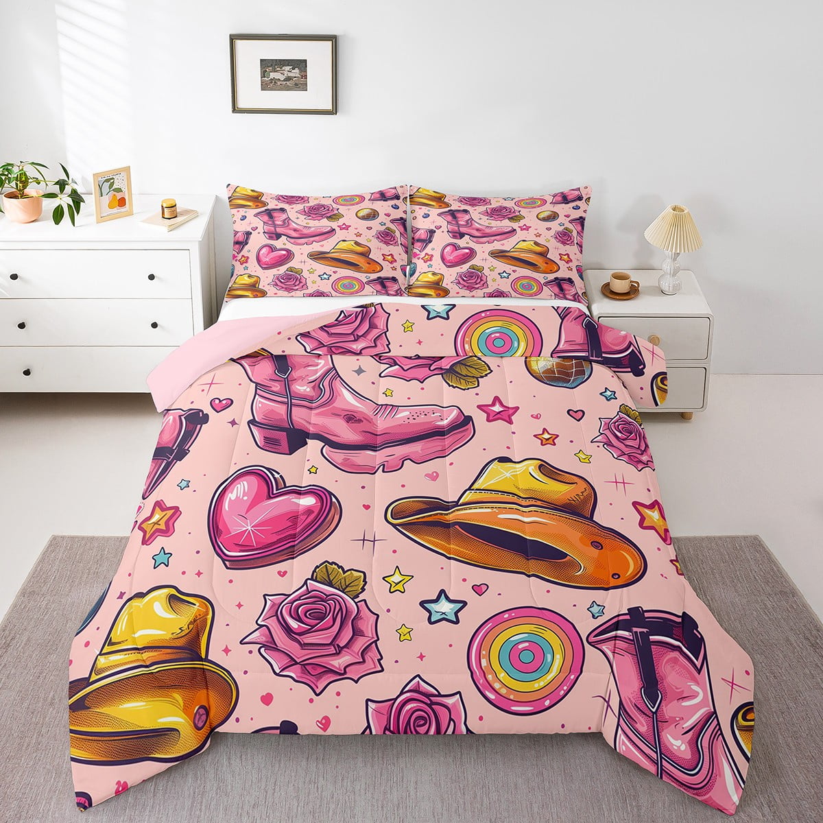 Western Cowgirl Queen Bedding Set,Pink Cowgirl Boots Hat Comforter Set ...