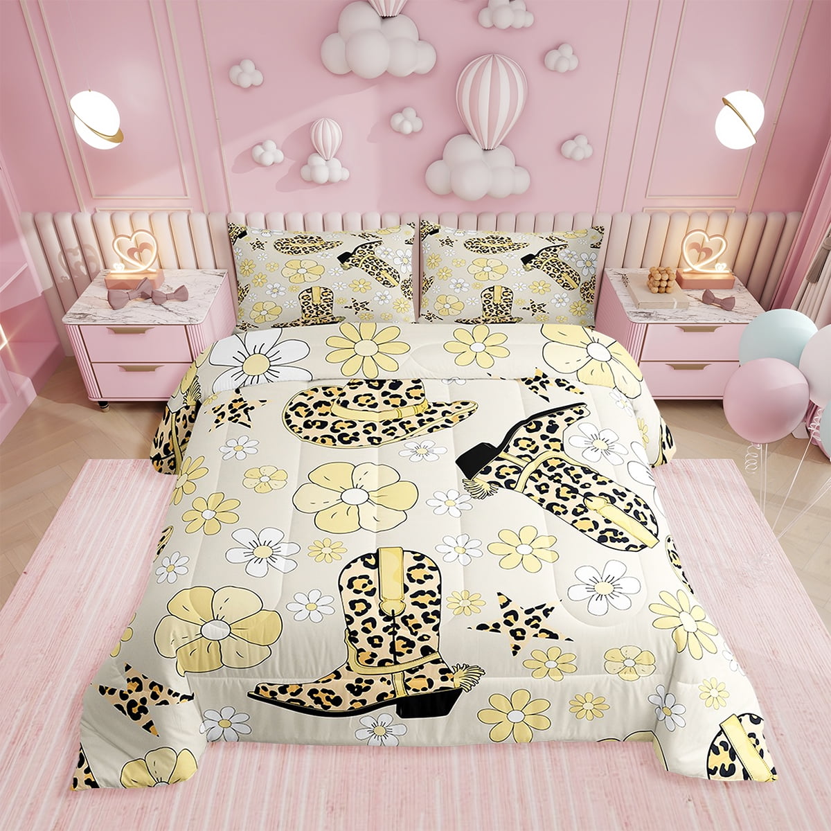 Western Cowgirl Queen Comforter Set,Leopard Print Boho Floral Bedding ...