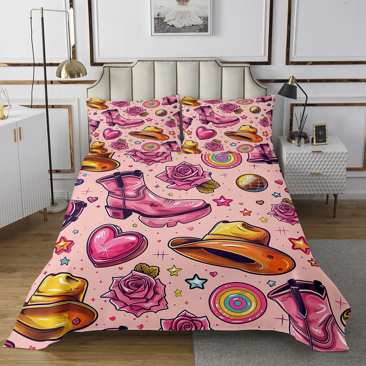 Western Cowgirl Queen Quilt Set,Pink Cowgirl Boots Hat Bedding Set Room ...