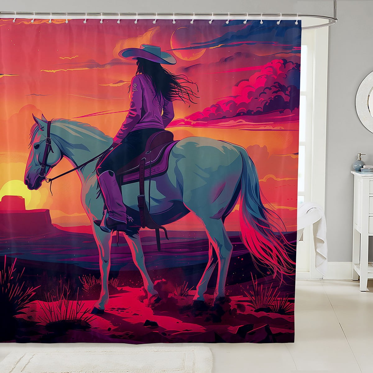 Western Cowgirl Shower Curtain Set,Wild West Style Horse Bathroom Set ...