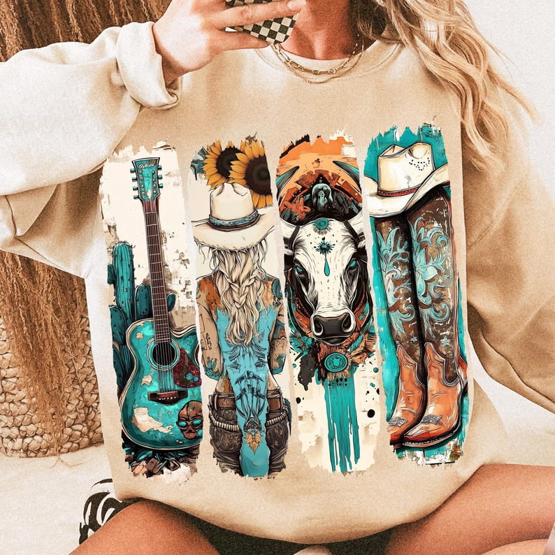 Western Cowgirl Sweatshirt, Cowboy Boots Shirt, Cowprint Pullover ...