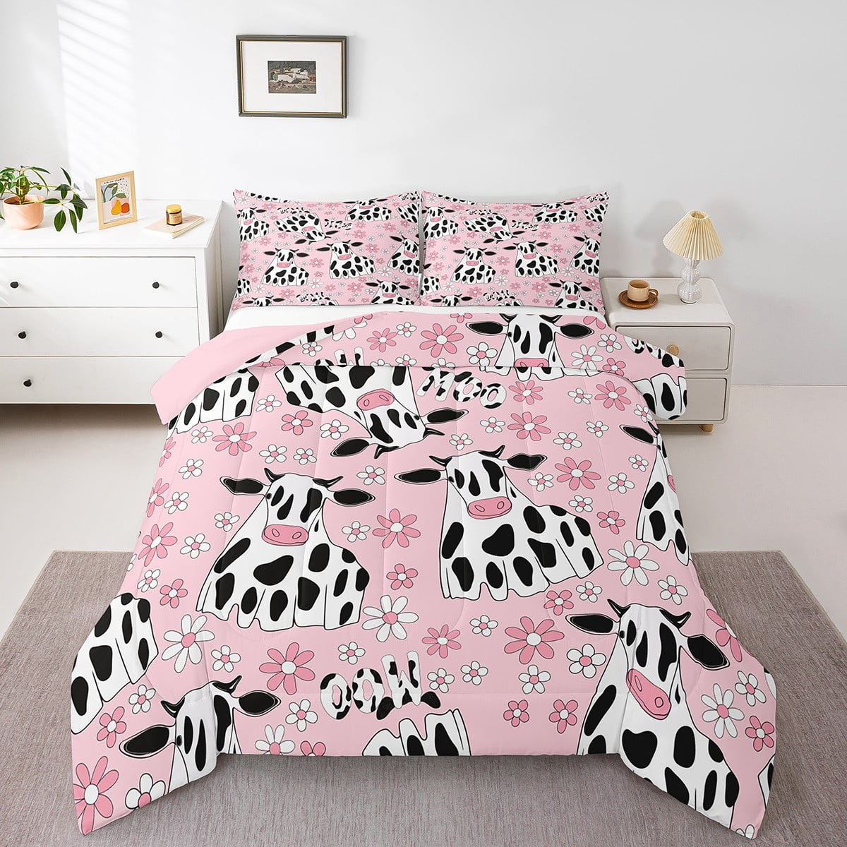 Western Cowgirl Bedding Set,Cute Pink Milk Cow Print Comforter Set Room ...