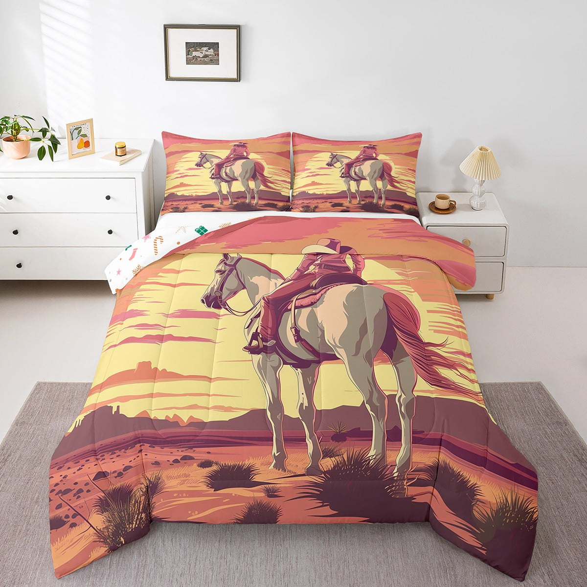 Western Cowgirl Bedding Set,West Style Cowboy Horse Comforter Set Room Decor,Vintage Sunset ...