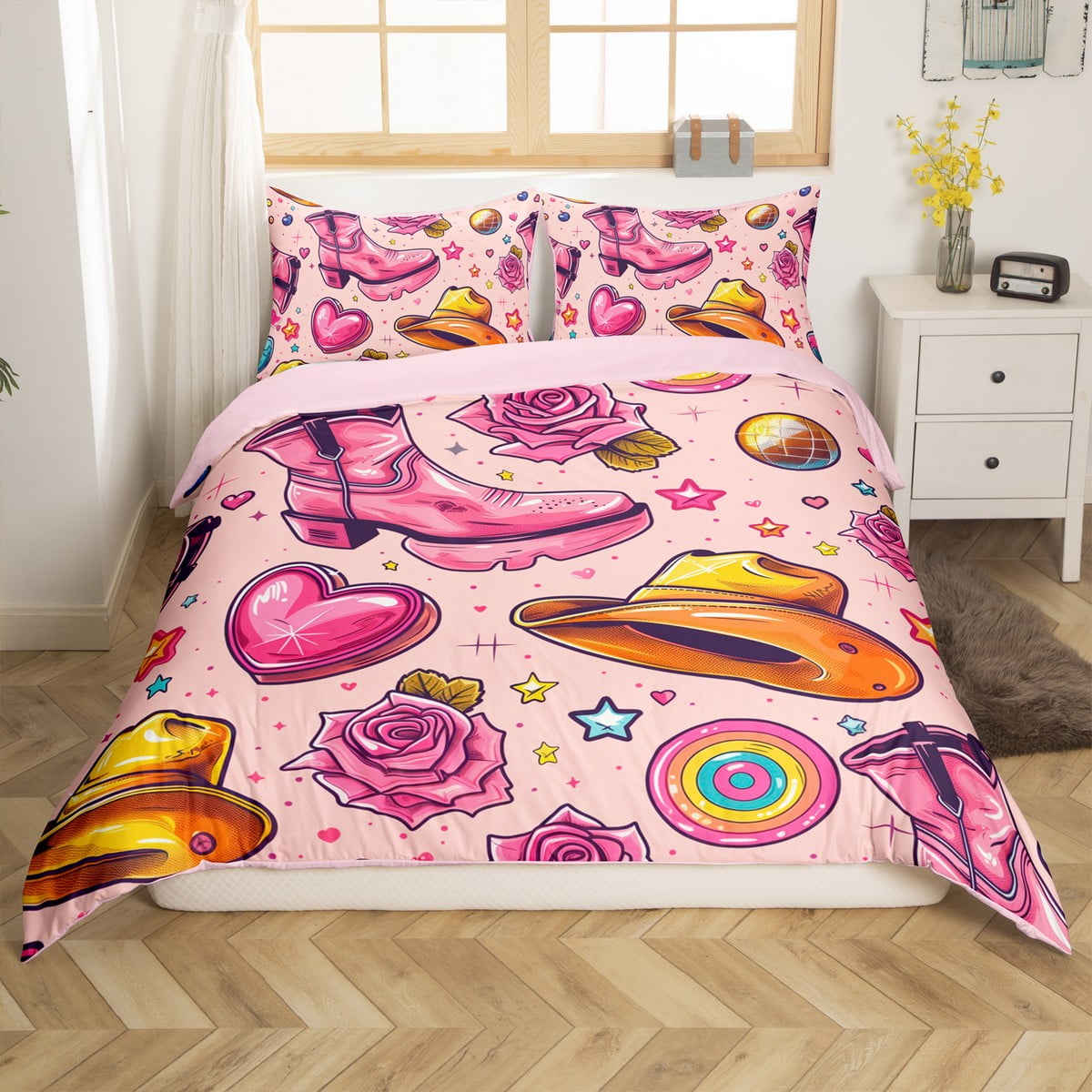 Western Cowgirl Twin Bedding Set,Pink Cowgirl Boots Hat Duvet Cover for ...
