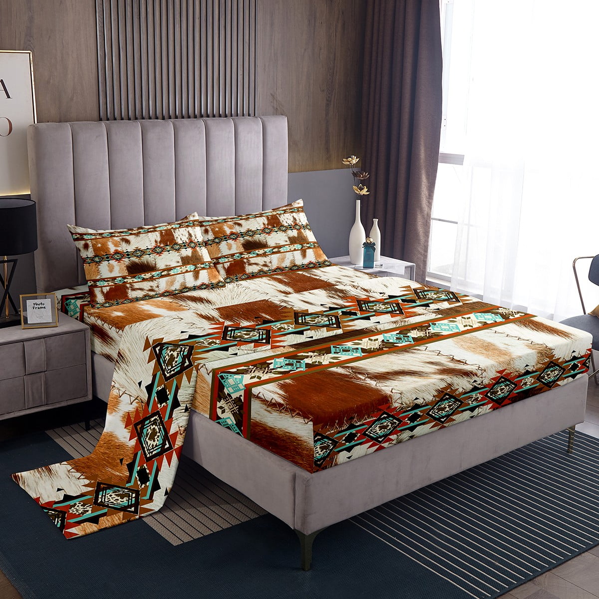 Western Cowhide Bed Sheets Set Geometry Tribal Arrow Aztec Decor Twin ...