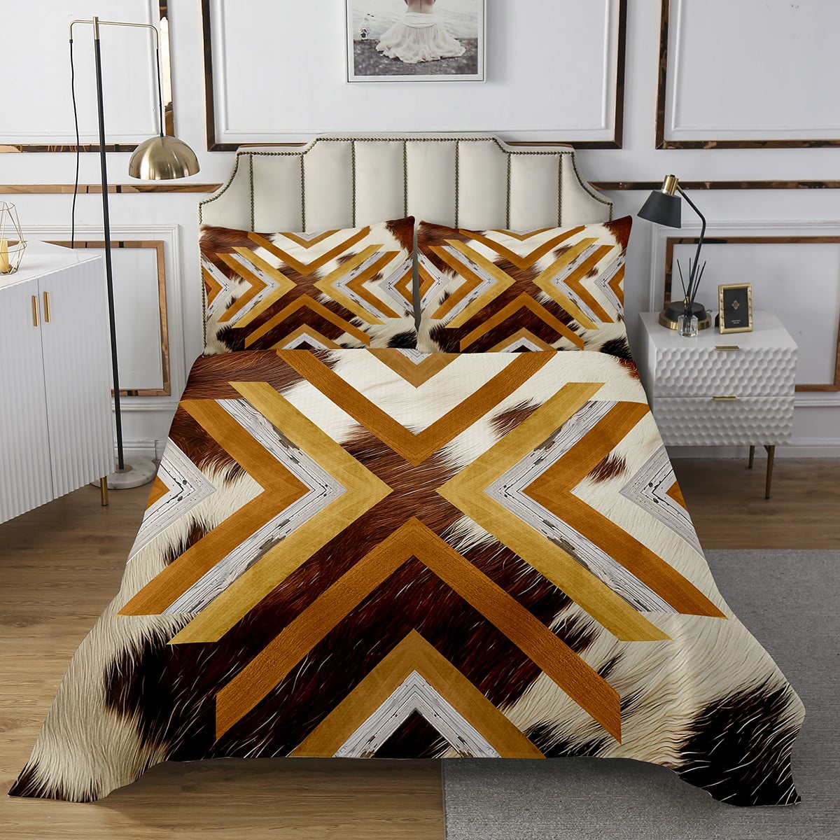Western Cowhide Bedspread Set Southwestern Aztec Quilt Set King Rustic ...