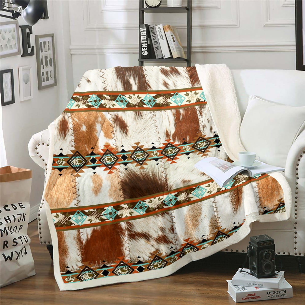 Western Cowhide Blanket Geometry Arrow Aztec Decor 90"x90" Throw ...