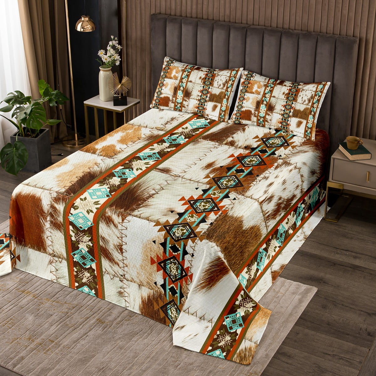 Western Cowhide Coverlet Set geometry Diamond Aztec Decor Twin ...