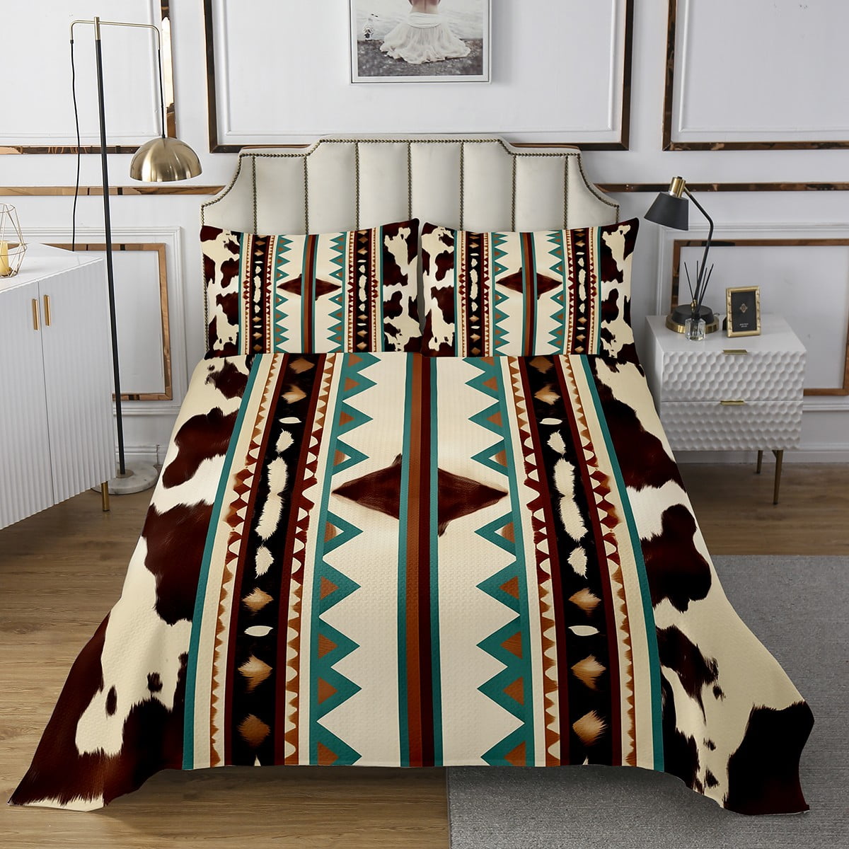 Western Cowhide King Quilt Set Adults,Brown Cow Print Bedspread Set ...