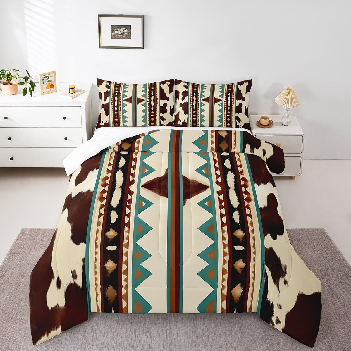 Western Cowhide Queen Comforter Set Adults,Brown Cow Print Bedding Set ...