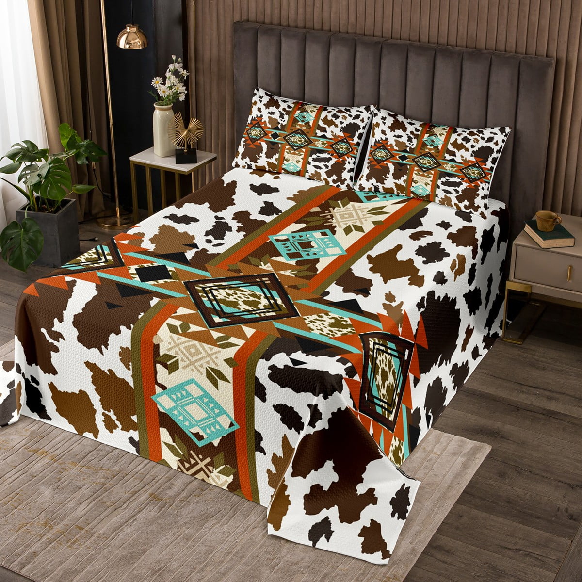 Western Cowhide Quilt Set Exotic Tribal Arrow Aztec Bedspread Set Twin ...