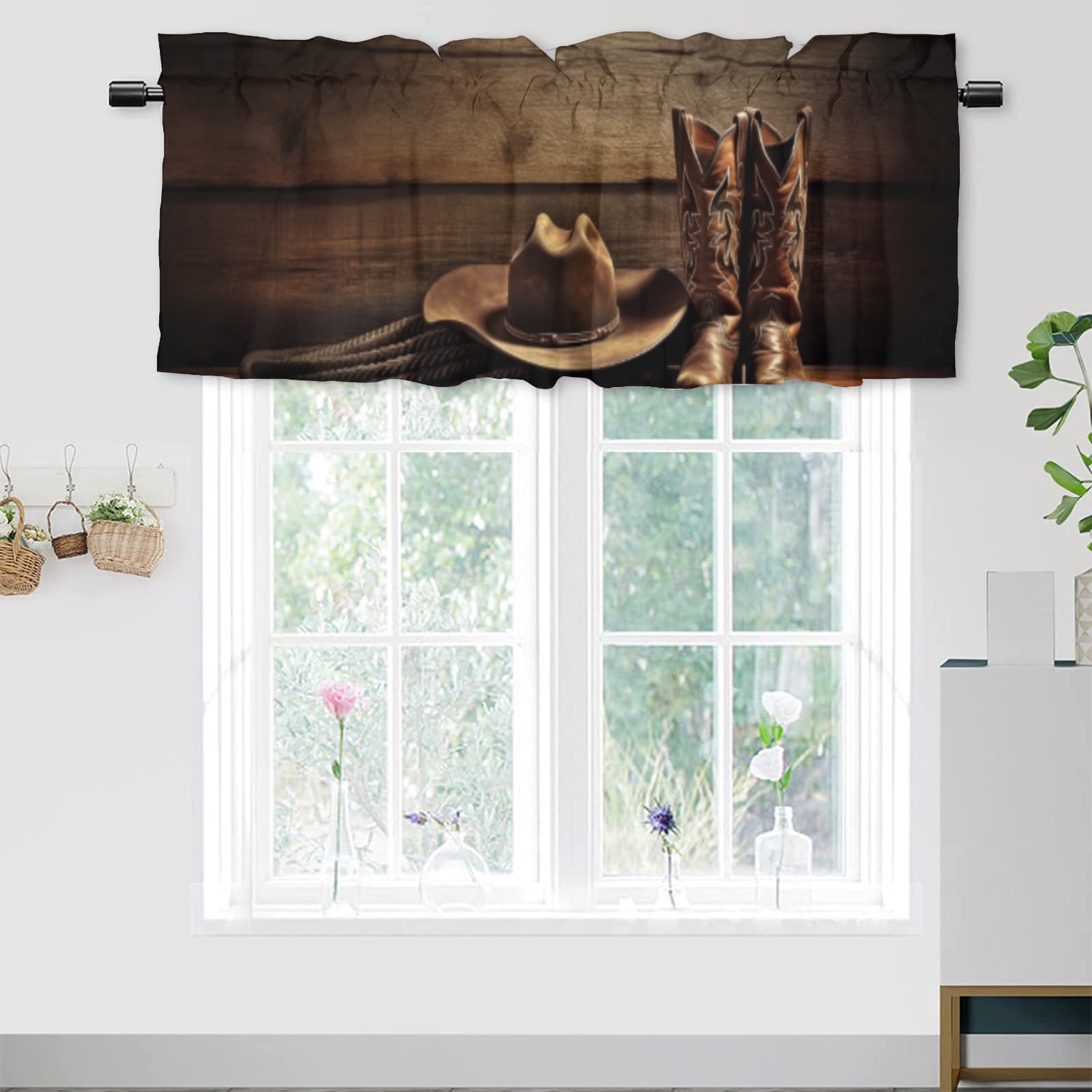 Western Curtain Valances Cowboy Boot Vintage Wooden Farmhouse Privacy ...