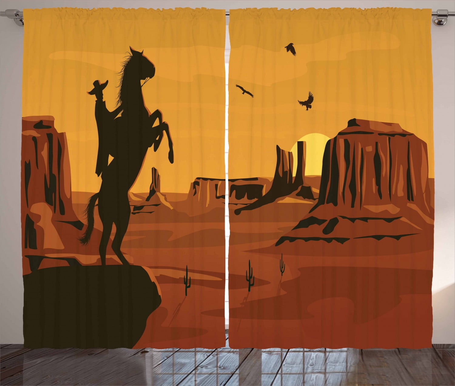 Ambesonne Western Curtains 2 Panel Set, Sunset Scene and Cowboy, 108" x ...