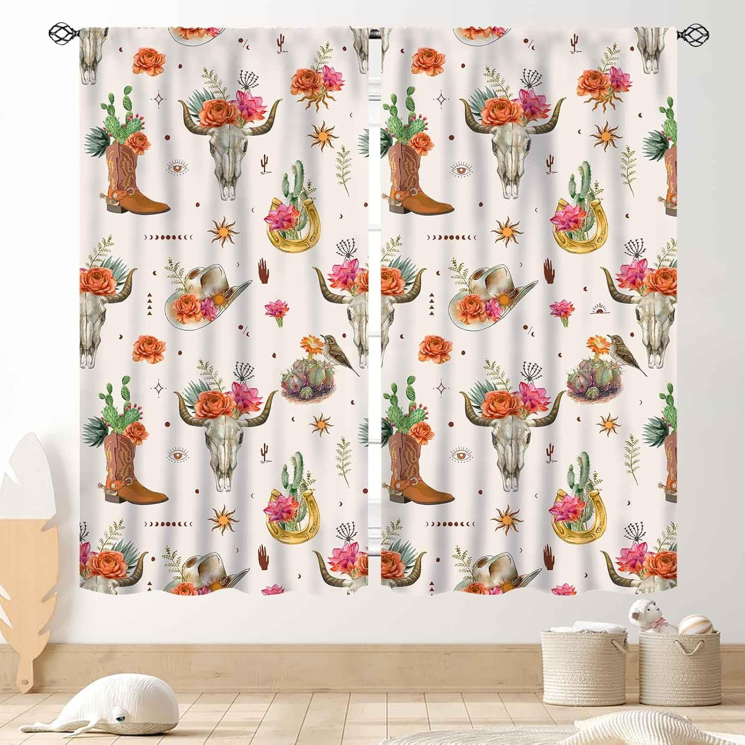 Western Curtains for Bedroom, Southwest Rustic Floral Bull Skull Cactus ...