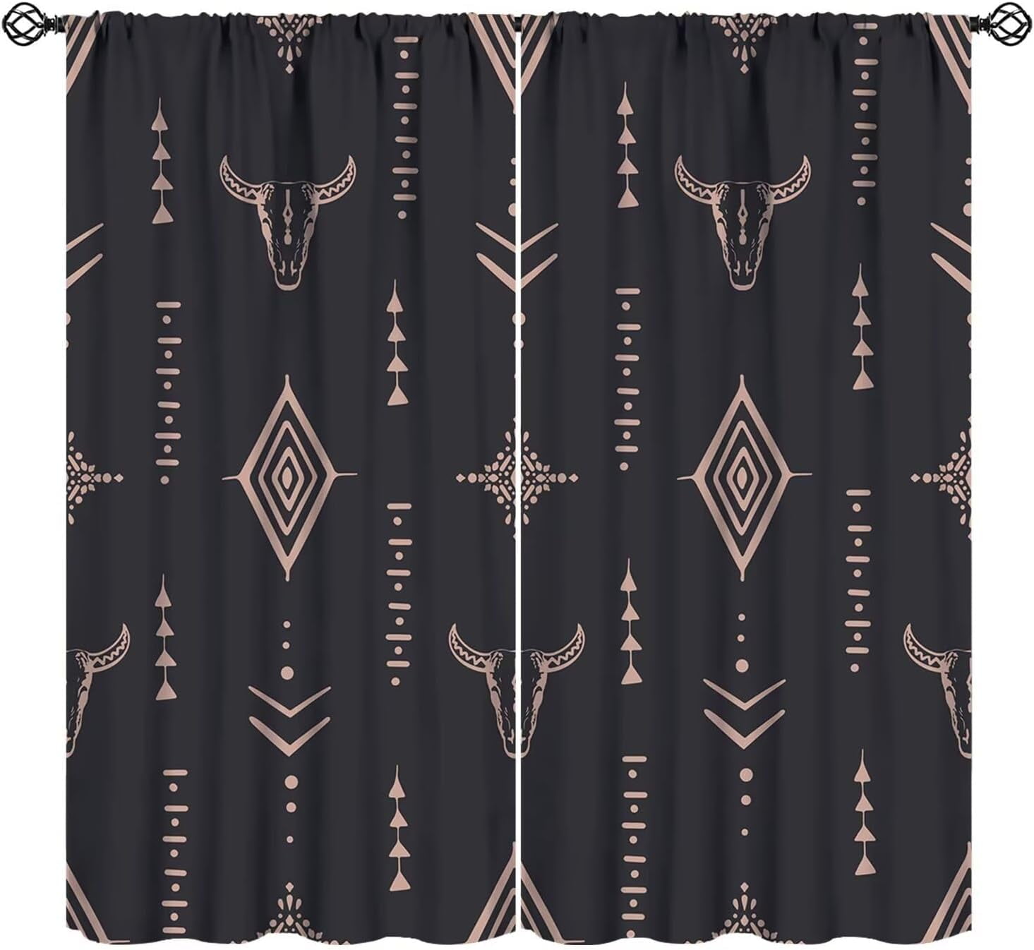 Western Curtains Bull Skull Boho Aesthetic Aztec Art Print for Bedroom ...