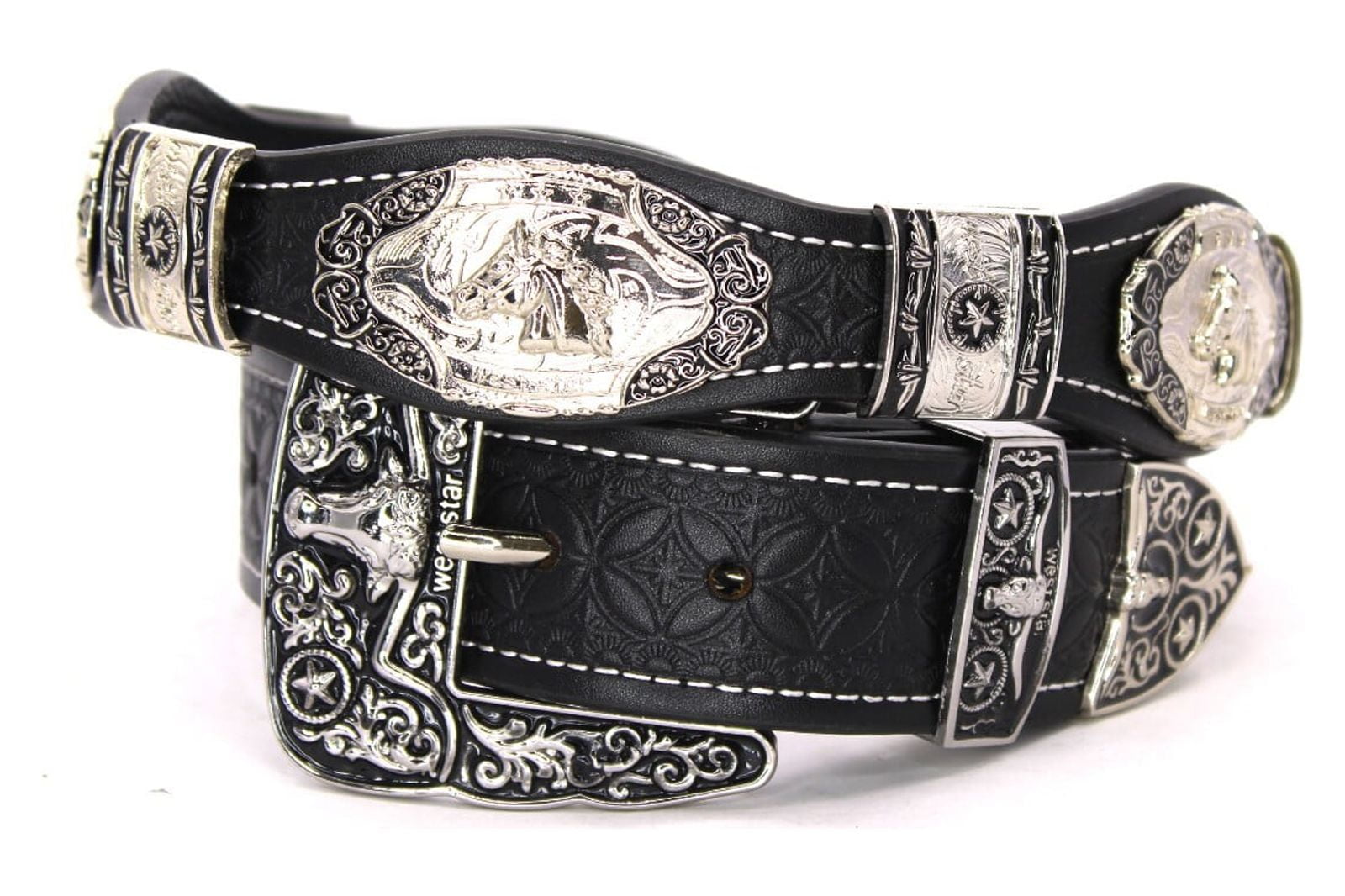 Western Curve Belt Cowboy Silver Concho Horse Black Floral Pants Size ...