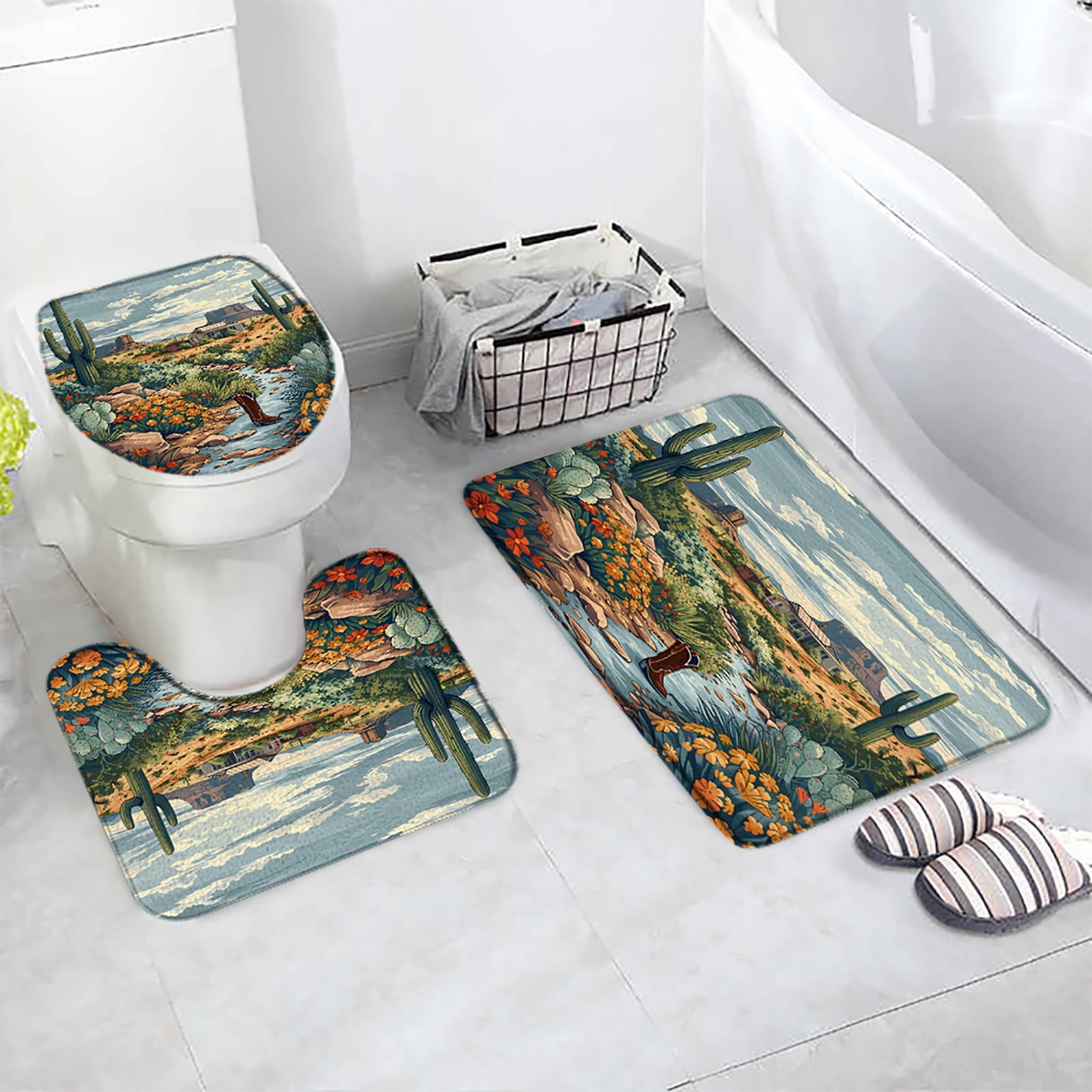 Western Desert Cactus Bath Mat Set Sunset Tropical Plants Watercolour ...