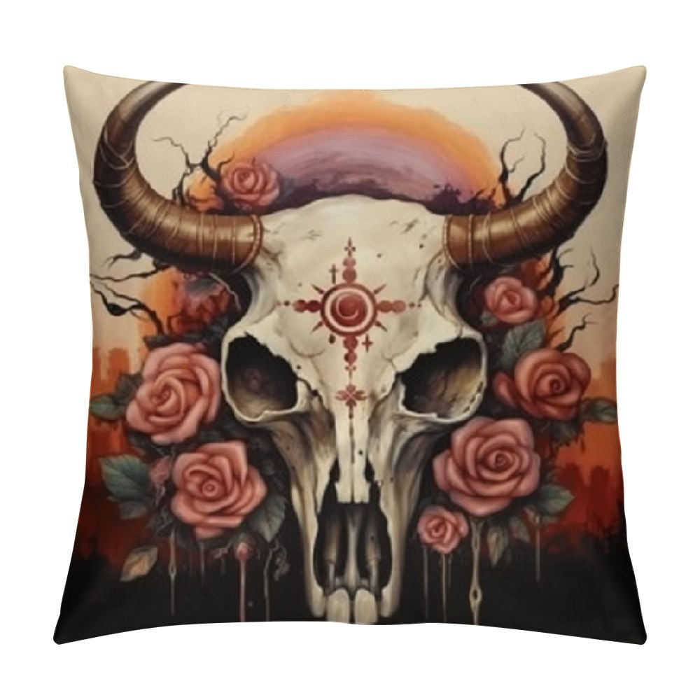 Western Desert Cow Skull Cactus Flannel Pillow Cover ,Boho Cow Print ...