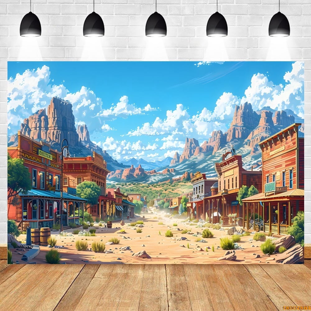 Western Desert Landscape Backdrop Cactus Plant Sand Blue Sky Birthday ...