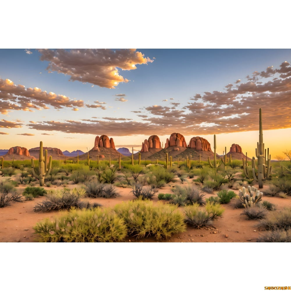 Western Desert Sce Photography Backdrop Dusk Desert Cactus Mountain Shrub Hillside Natural ...
