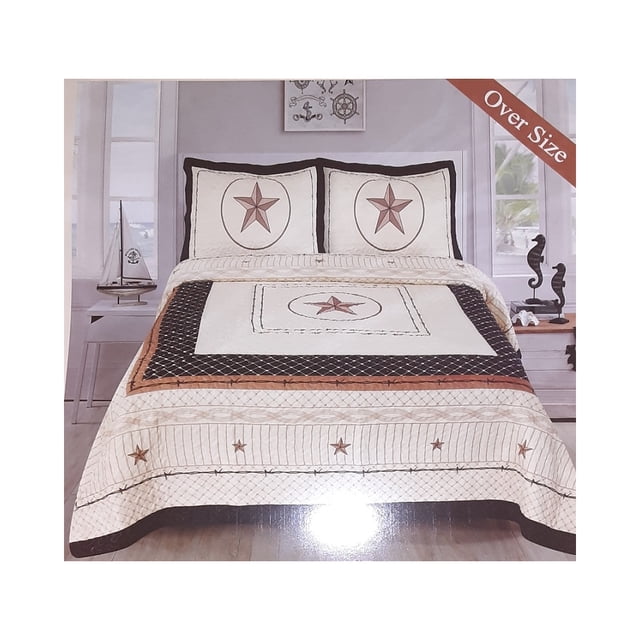 Western Design 3 Piece Quilted Bedspread Set Stars Barbed Wire Queen ...