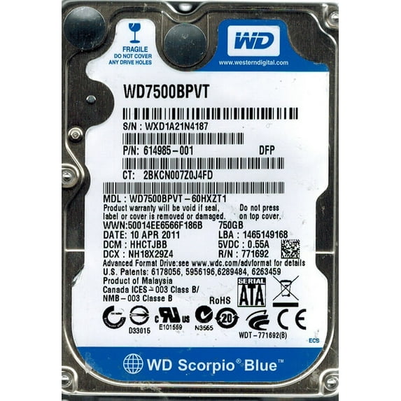 Western Digital WD7500BPVT-60HXZT1 750GB DCM: HHCTJBB - Walmart.com