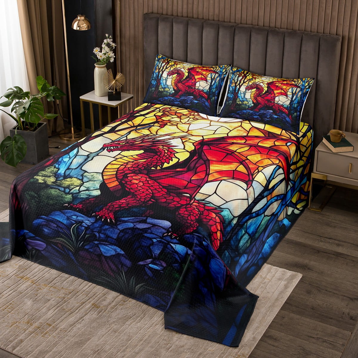 Western Dragon Bedspread Queen Size,Pine Tree Artwork Life Glass Dragon Coverlet Set,Room Decor ...
